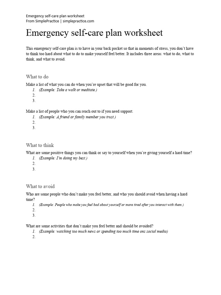 Emergency Self-Care Plan Worksheet | PDF