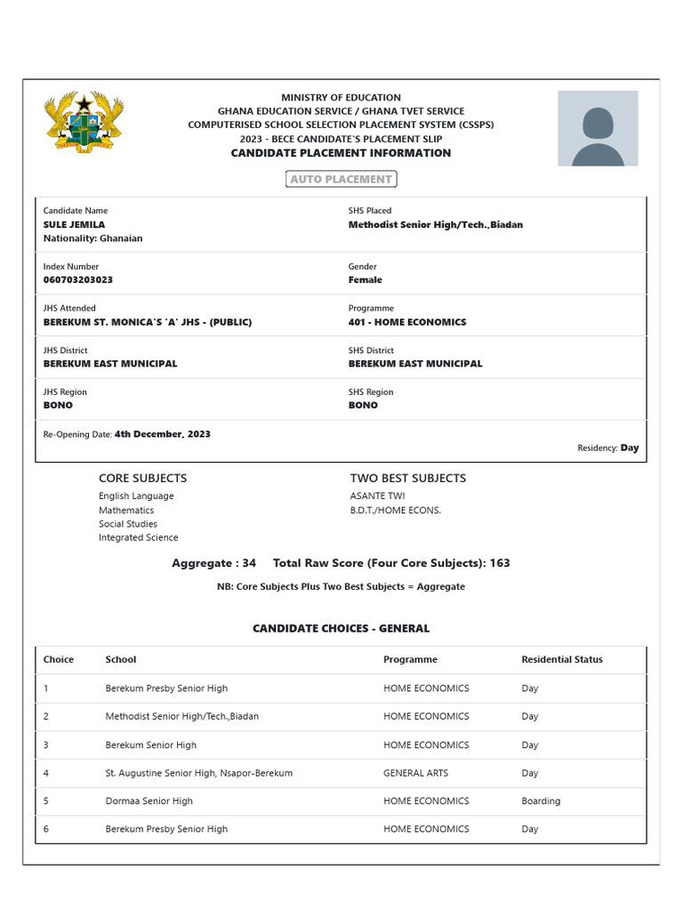 2023 BECE Candidate Placement Slip | PDF