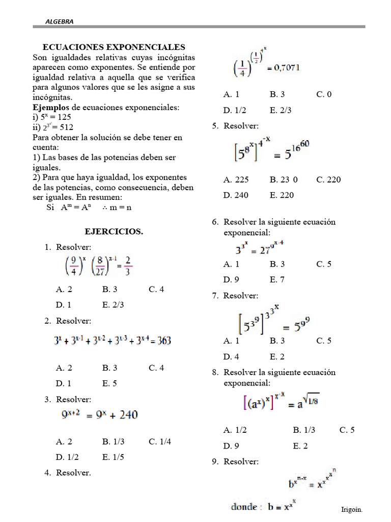 Exponentes Ii (Ecuaciones Exponenciales) | PDF