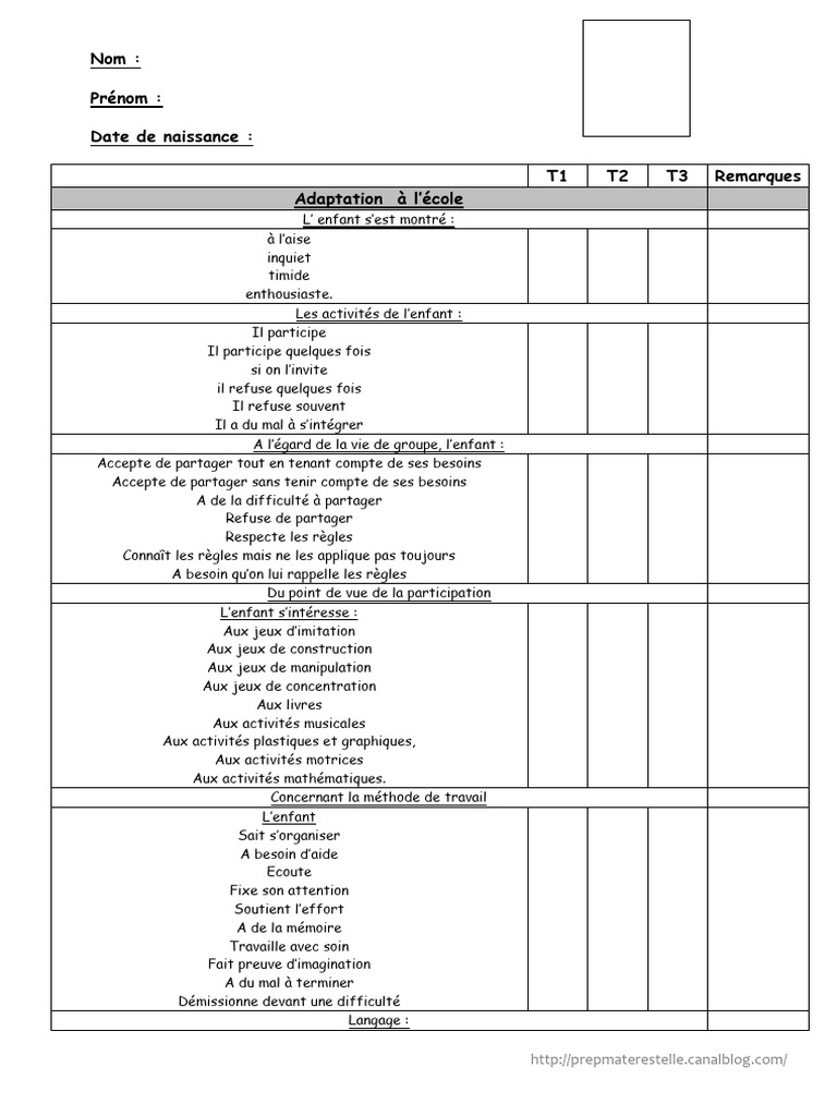 Évaluation du comportement et autonomie d'un enfant | PDF | Arts du ...