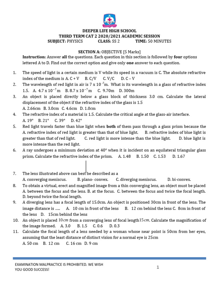 SS 2 Physics 3RD Term Cat 2 2020-2021 | PDF | Human Eye | Refraction