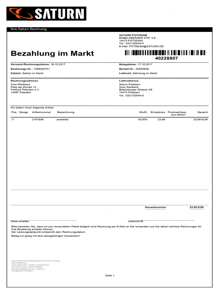 Saturn Rechnung für Sven Reißland | PDF