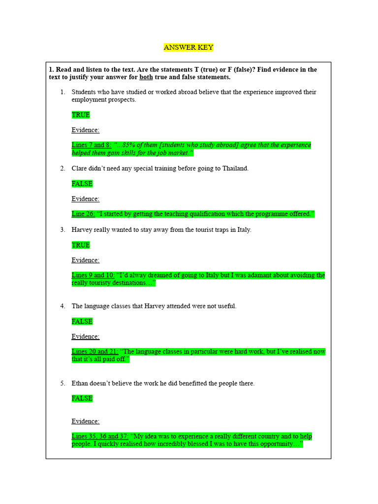 1º Bachillerato - Reading Task (Erasmus Students) - Unit 1 - ANSWER KEY ...