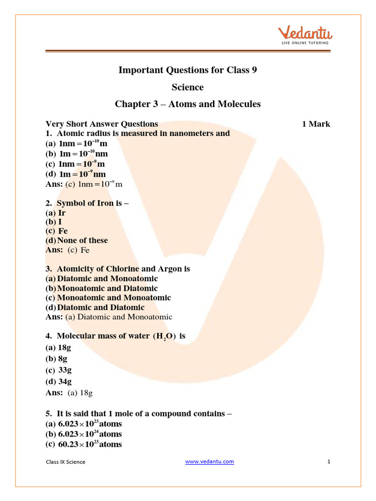 Important Questions Class 9 Science Chapter 3 | PDF | Mole (Unit) | Molecules