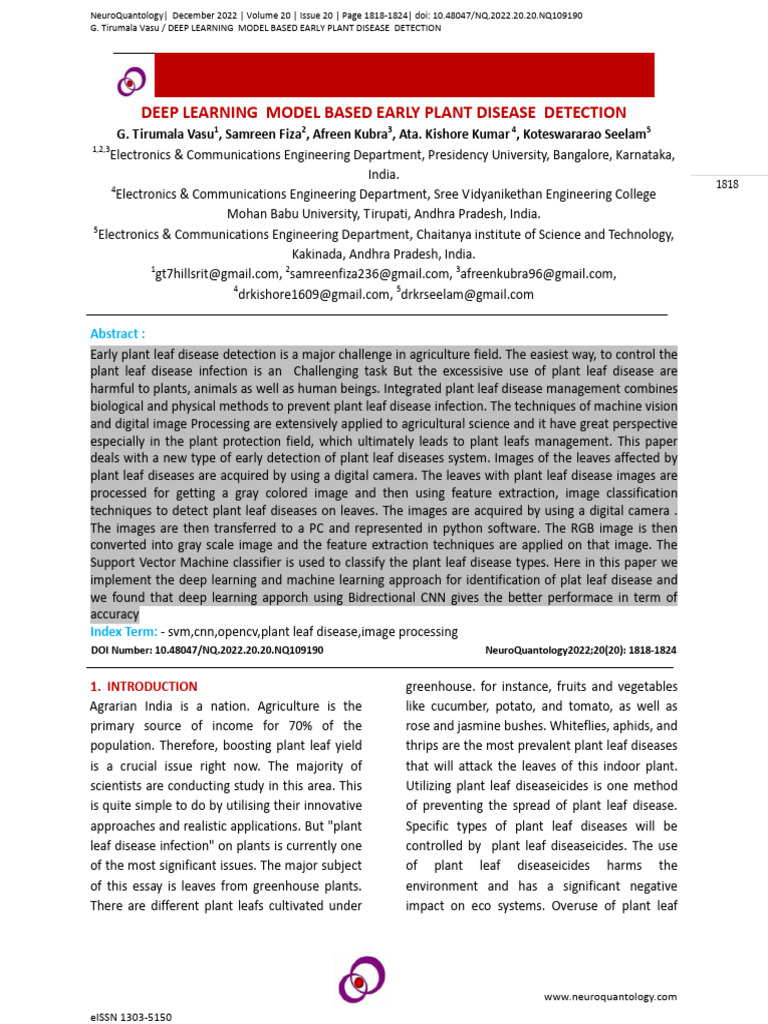 Deep Learning Model Based Early Plant Disease Detection | PDF | Computer Vision | Deep Learning