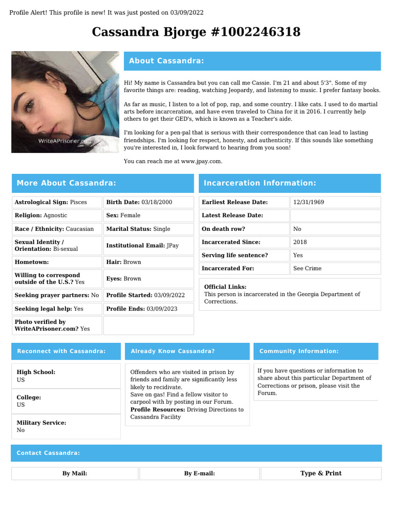 Cassandra Bjorge Inmate Profile 2022 Pdf Internet Forum Cyberspace