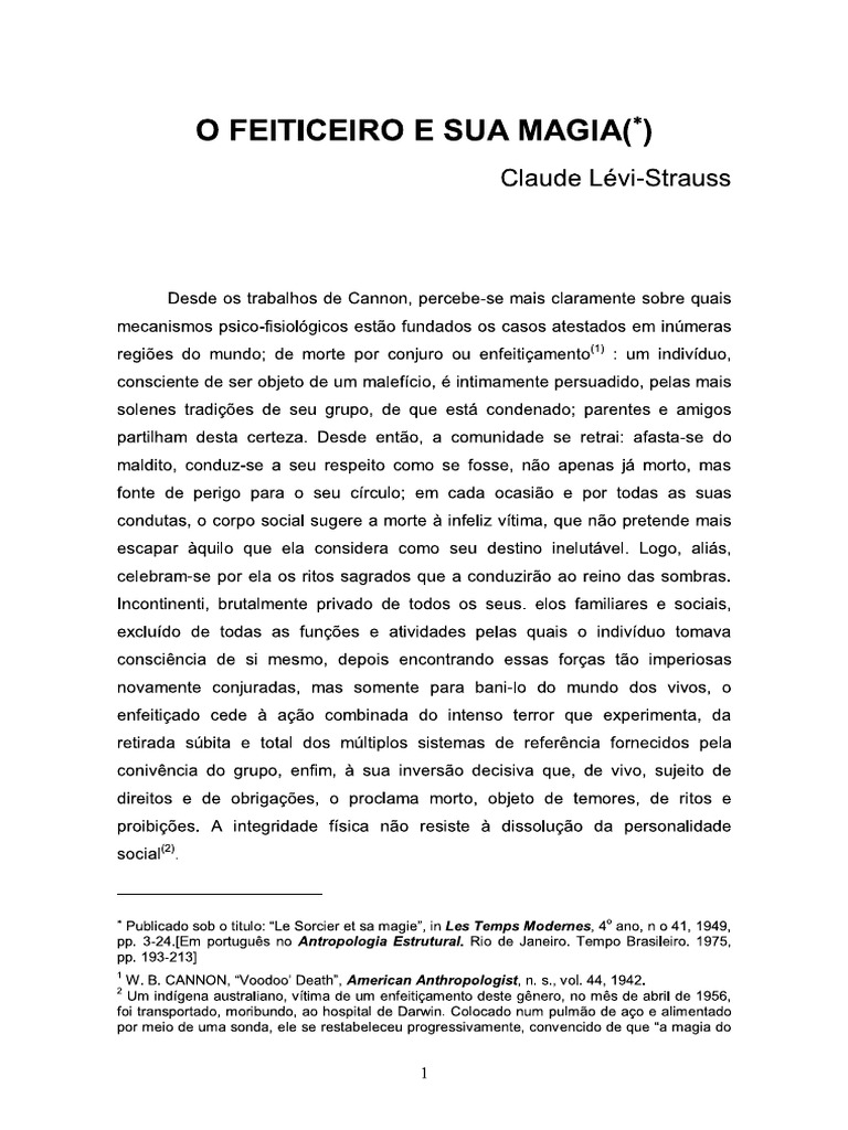Claude Lévi-Strauss - O Feiticeiro e Sua Magia | PDF