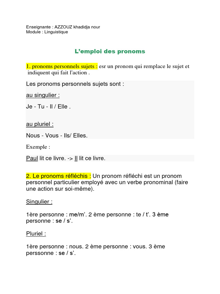 Guide des pronoms en français | PDF | Pronom | Linguistique