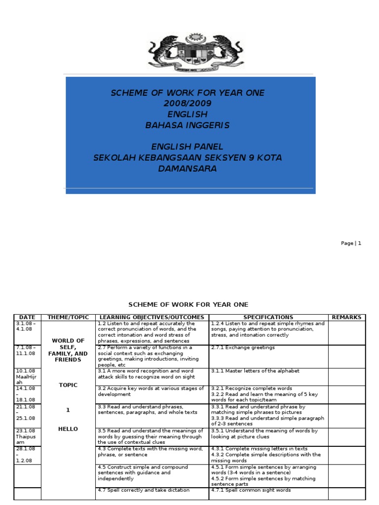 1.scheme of Work For Year One (Updated) | PDF | Reading Comprehension ...