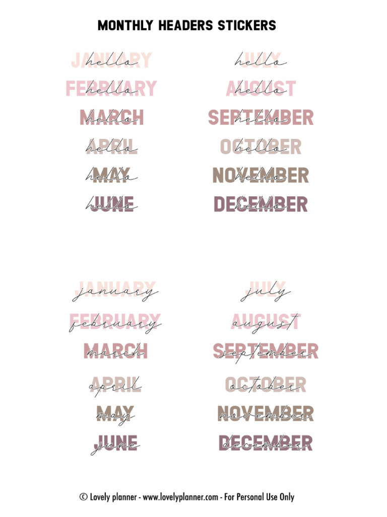 PDF Monthly Headers (Script and Caps) - by Lovely Planner | PDF