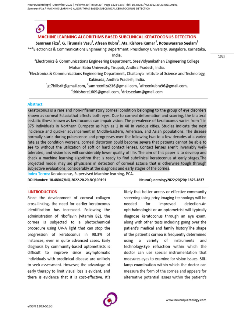 Machine Learning Algorithms Based Subclinical Keratoconus Detection ... Machine Learning Algorithms Based Subclinical Keratoconus Detection ...
