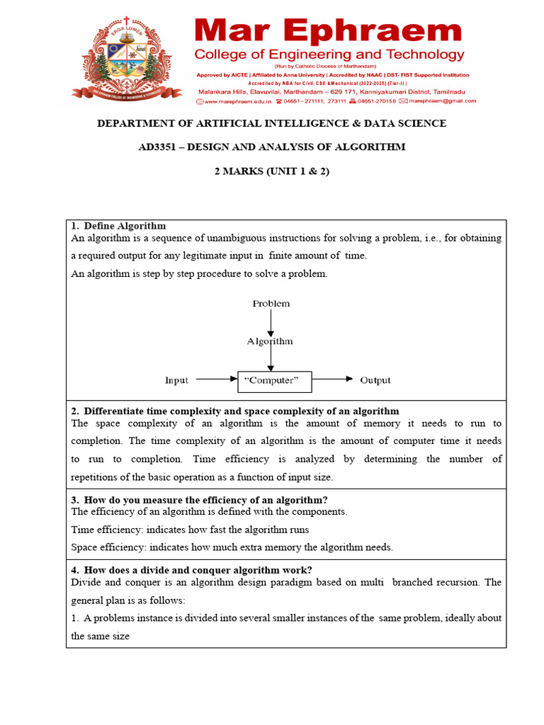 Ai And Ds Ad3351 Daa 2marks Unit 1 And 2 Question Bank Pdf Computational Complexity Theory