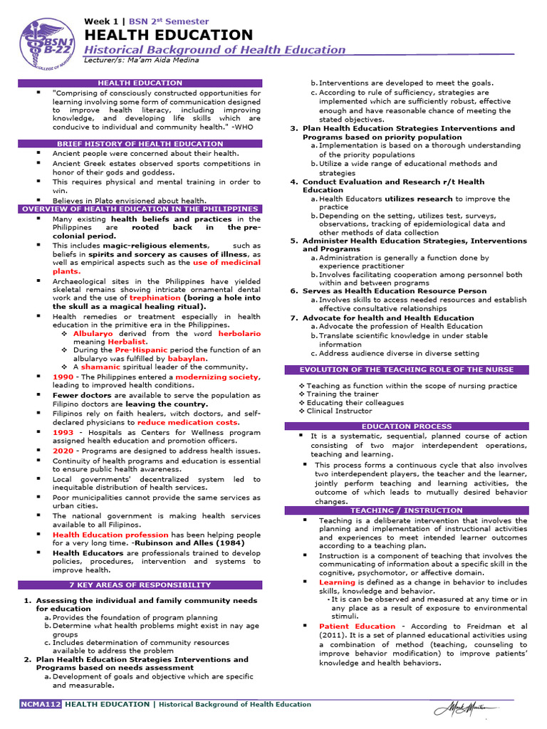 NCMA112 HEALTH EDUCATION W1 3 and 5 | PDF