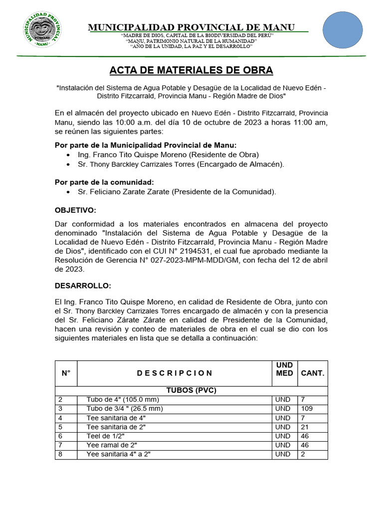 Acta de Materiales de Obra | PDF