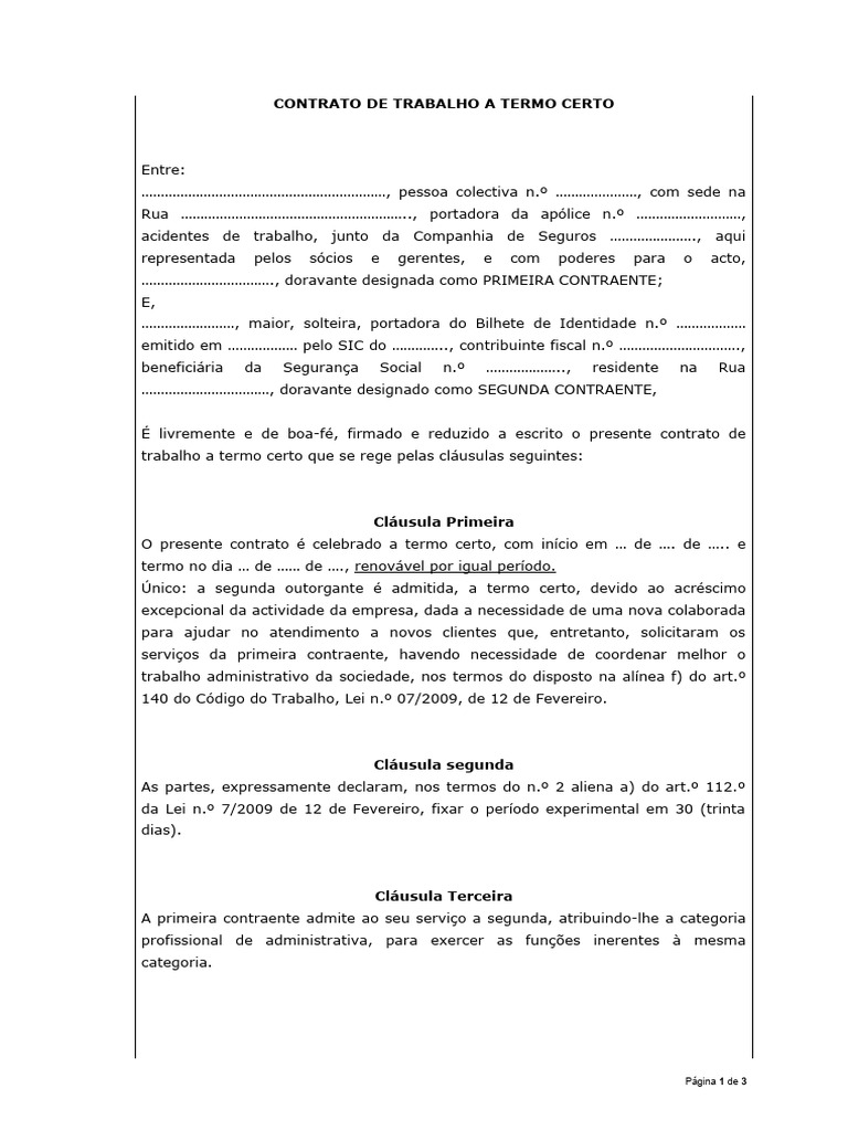 CONTRATO DE TRABALHO Termo Certo Minuta | PDF