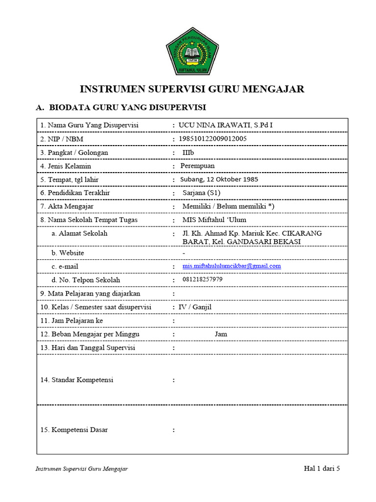 Instrumen Supervisi Guru Mengajar | PDF