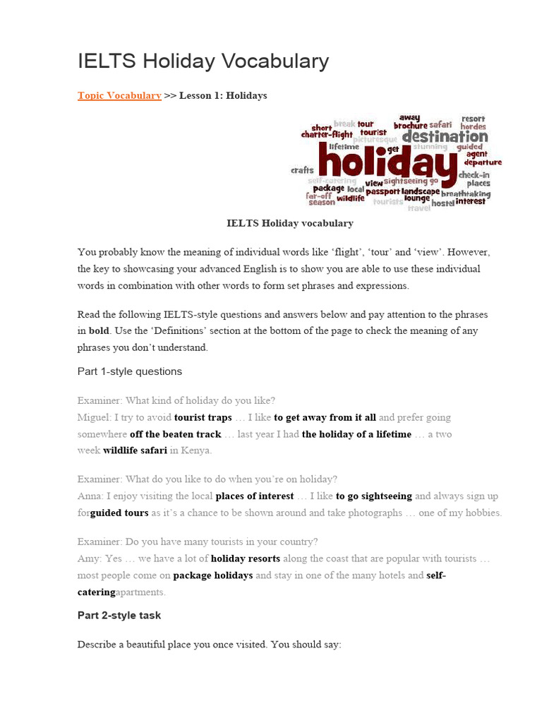 IELTS Holiday Vocabulary | PDF