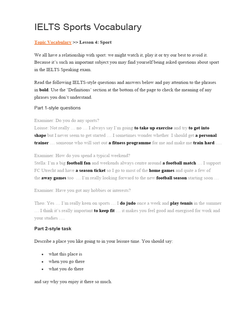 IELTS Sports Vocabulary | PDF