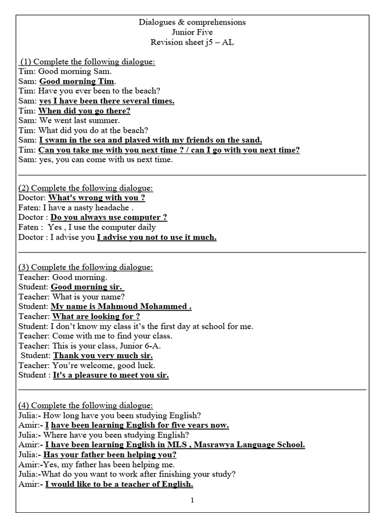 Dailouge and Comprehension Junior 5 With Answers | PDF