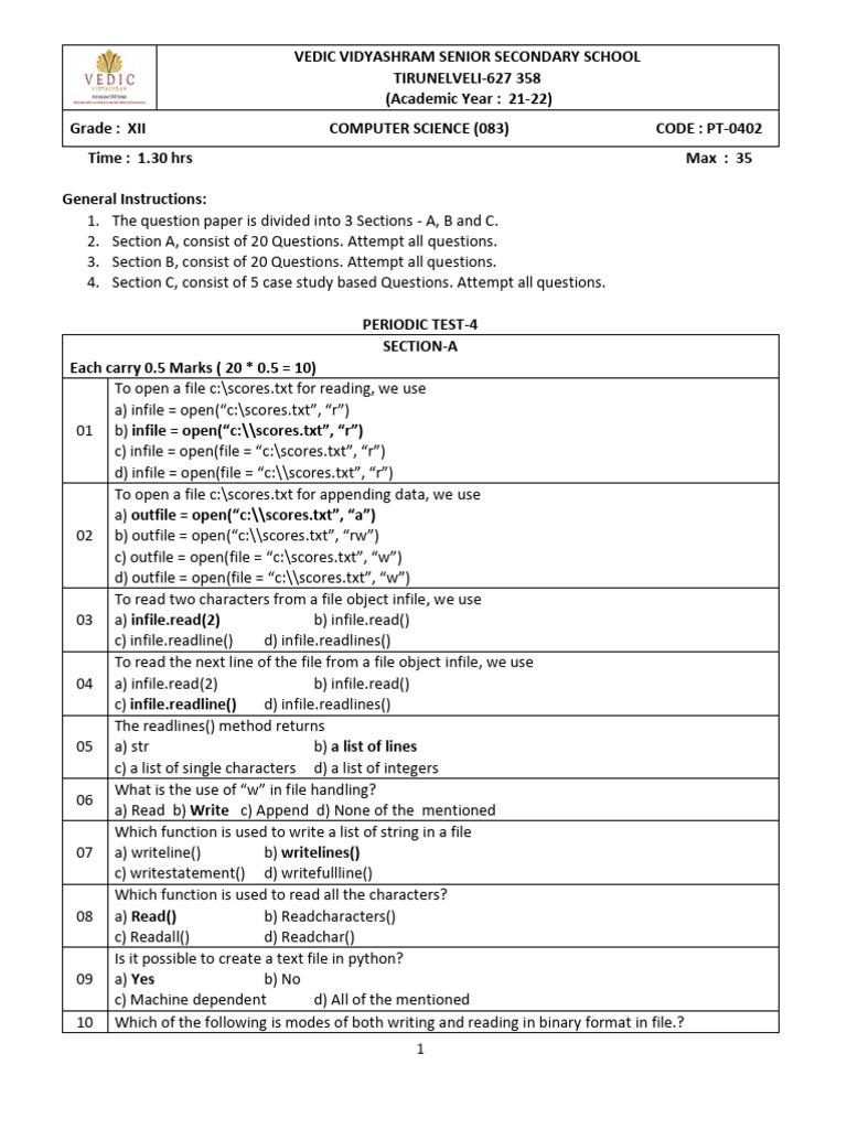 Computer Science XII Periodic Test 4 | PDF