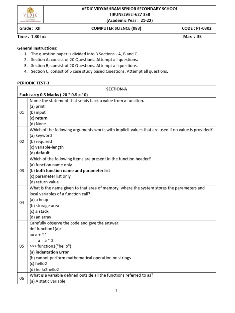 12 CS PT 0302 Ans | PDF | Parameter (Computer Programming) | Variable (Computer Science)