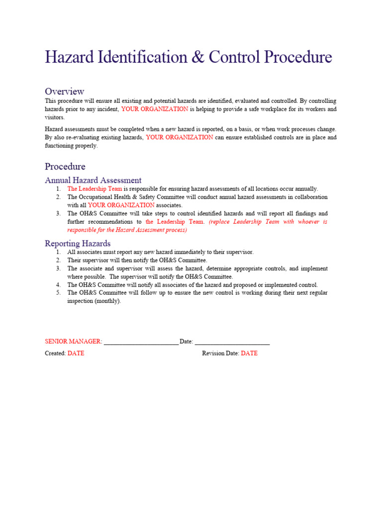 Hazard Identification and Control Procedure Template | PDF | Business ...
