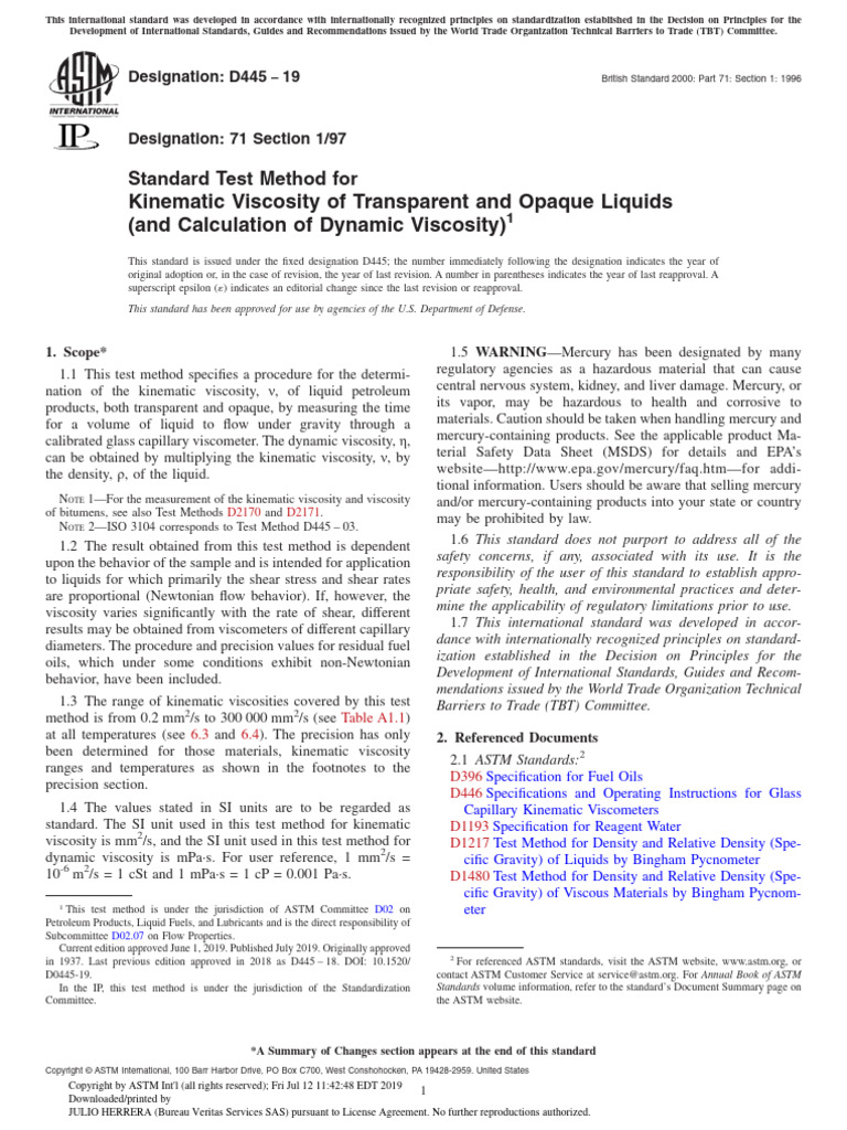 ASTM D445-19 - Viscosidad Cinematica CST | PDF | Viscosity | Calibration