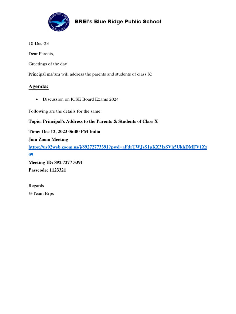 Circular - Principal's Address - Class X - 12-Dec | PDF