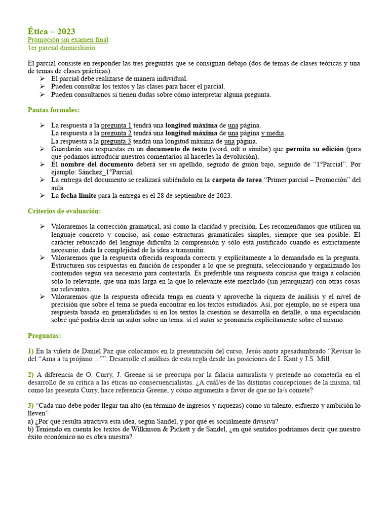Consigna 1er Parcial - Ética2023 | PDF