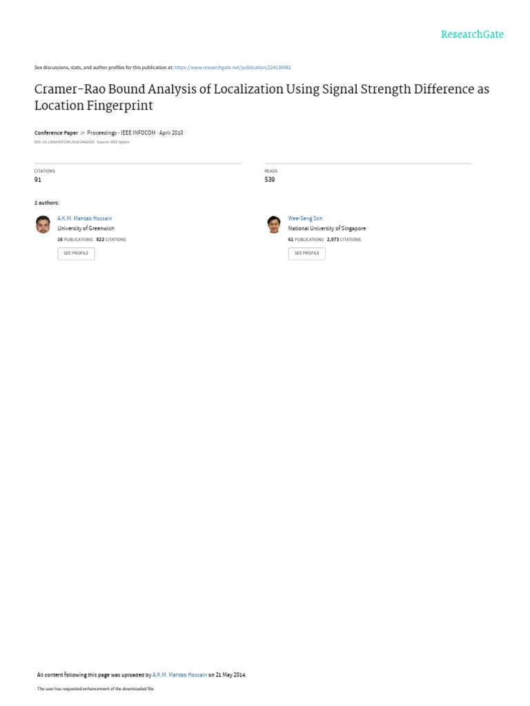 Cramer-Rao Bound Analysis of Localization Using Signal Strength Difference As Location ...