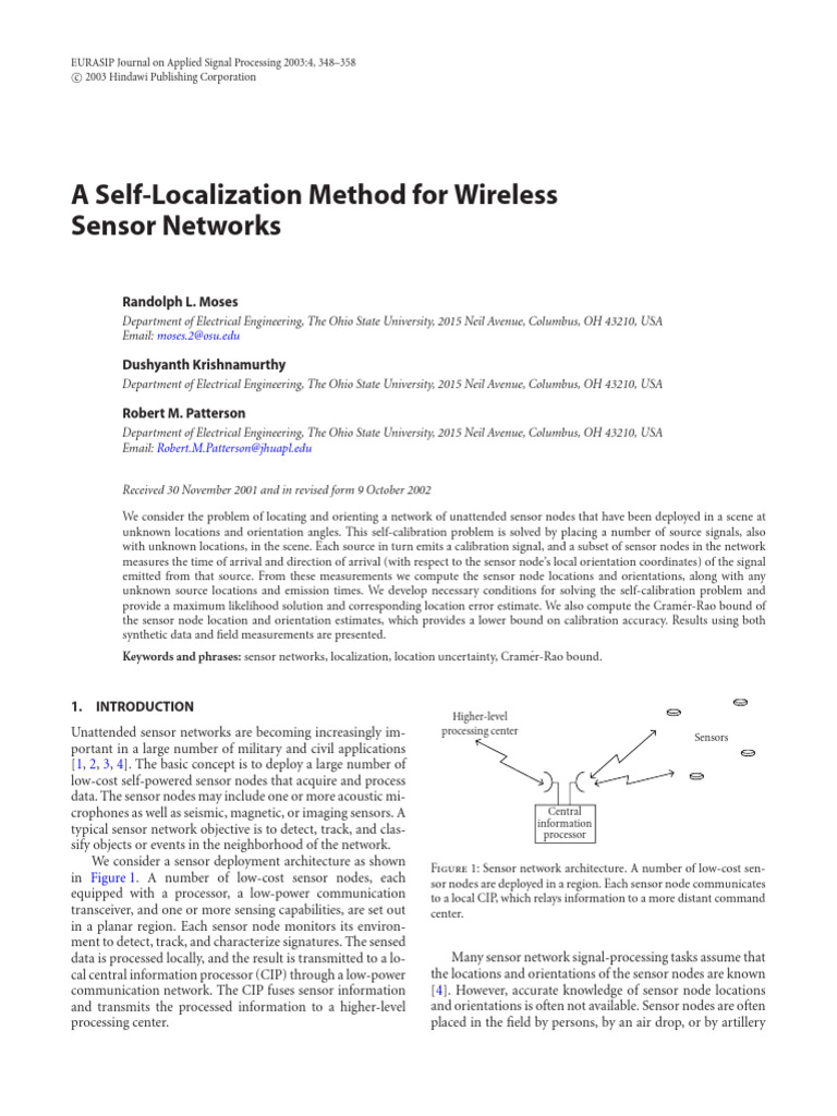A Self-Localization Method For Wireless Sensor Networks: Randolph L. Moses | PDF