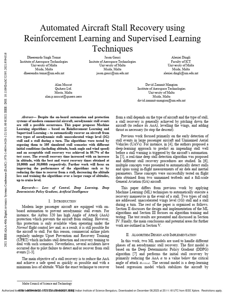 Automated Aircraft Stall Recovery Using Reinforcement Learning and Supervised Learning ...