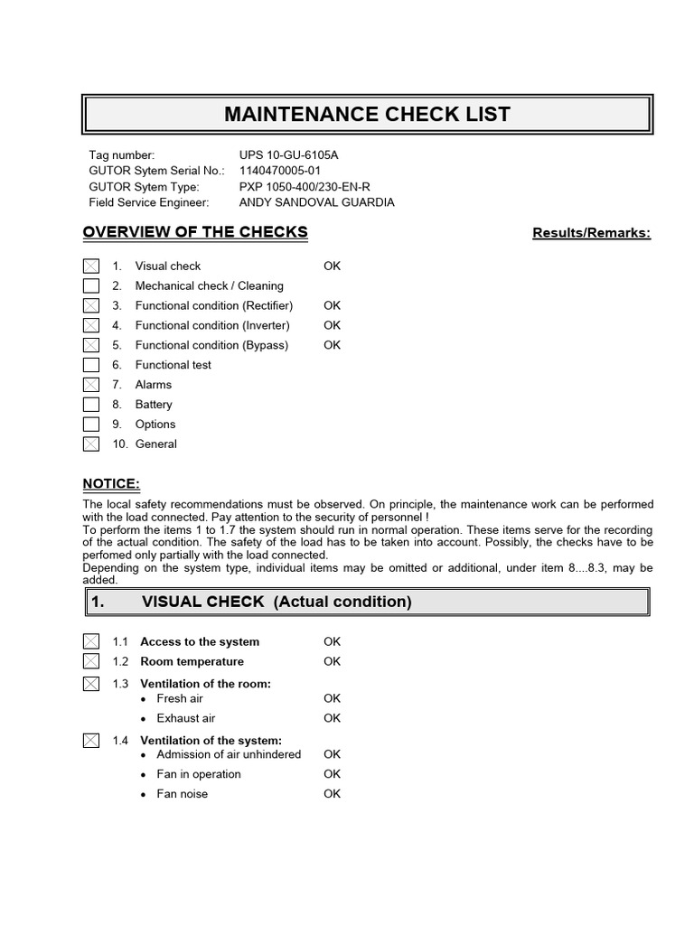 Maintenance Check List05a | PDF | Alternating Current | Power Inverter