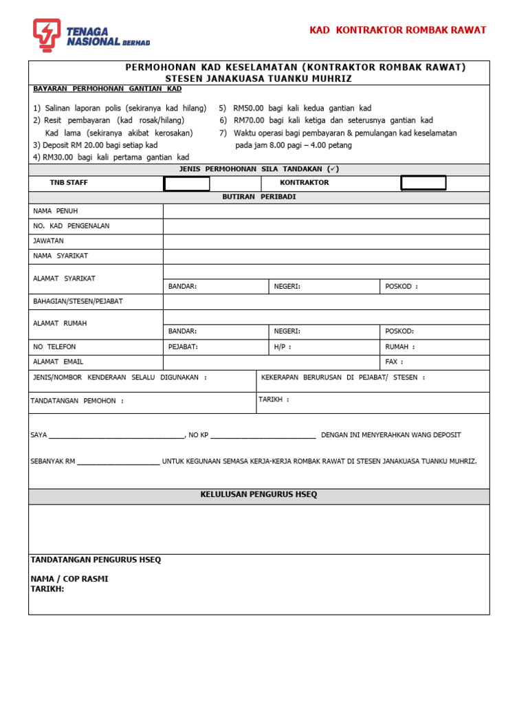 Borang Permohonan Pas Keselamatan Kontraktor Outage | PDF