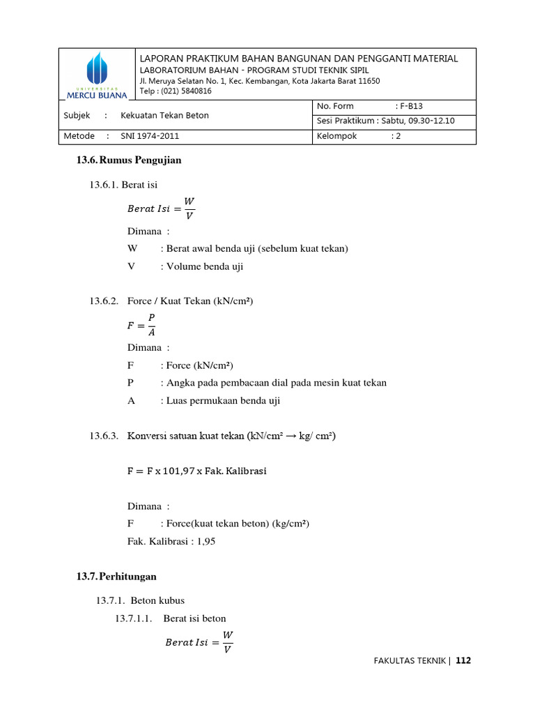 Rumus Perhitungan Kuat Tekan Beton | PDF