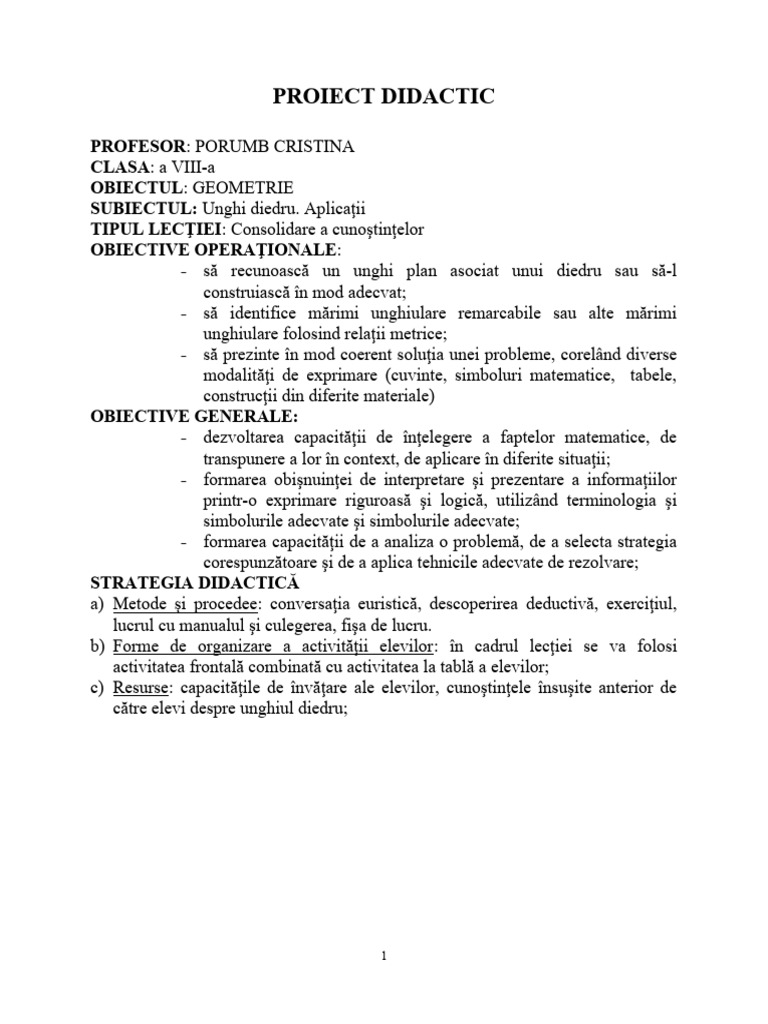 Clasa 8 Proiect Unghi Diedru | PDF