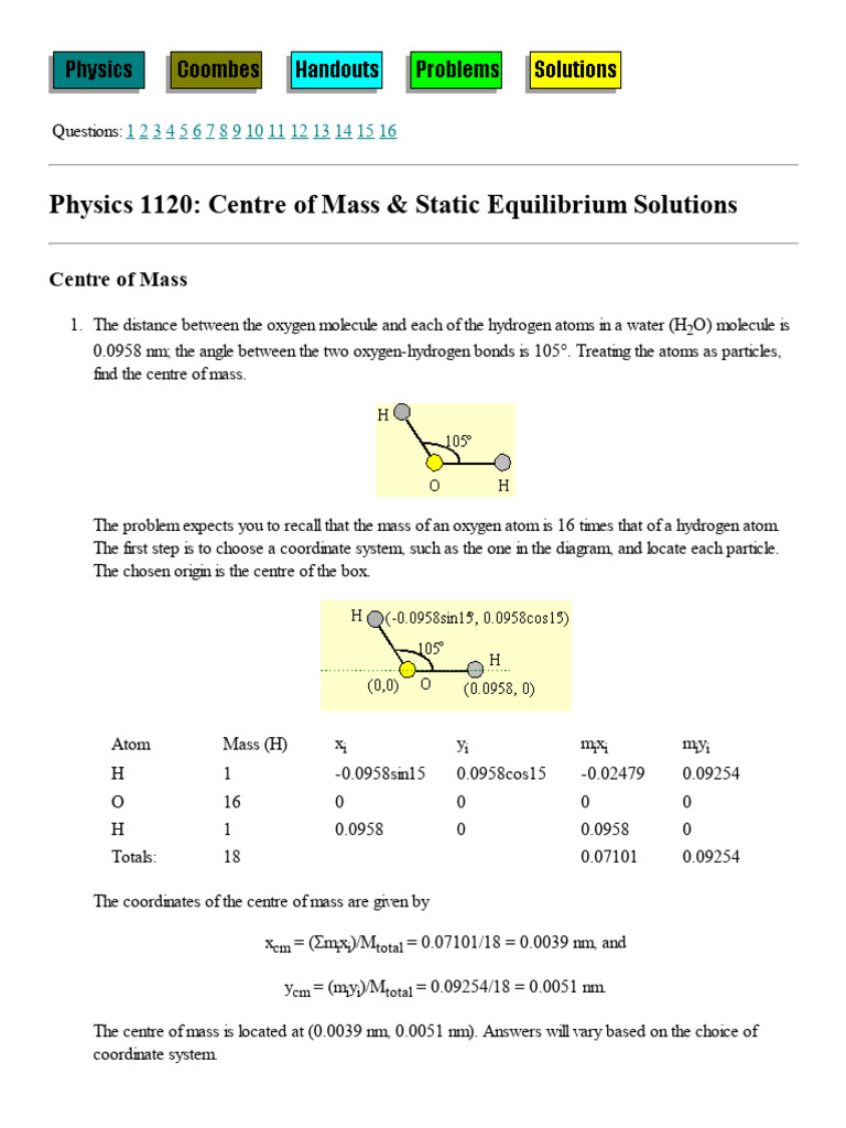 PHYS 1120 Centre of Mass & Static Equilibrium Solutions | PDF | Force ...