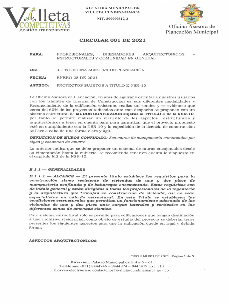 Proyectos Sujetos A Titulo e Nsr-10 Circular 001 de 2021 | PDF