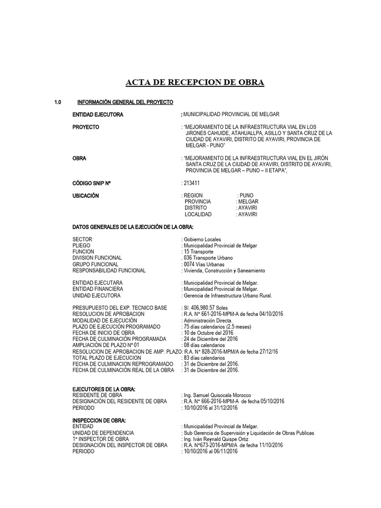 Acta de Recepcion de Obra JR Santa Cruz | PDF