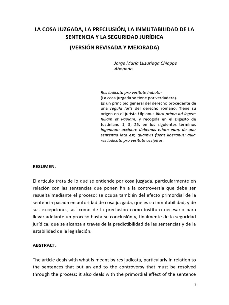 La Cosa Juzgada La Preclusion La Inmutab | PDF | Caso de ley | Res Judicata