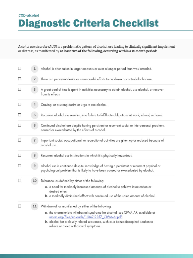 Alcohol Use Disorder Criteria | PDF