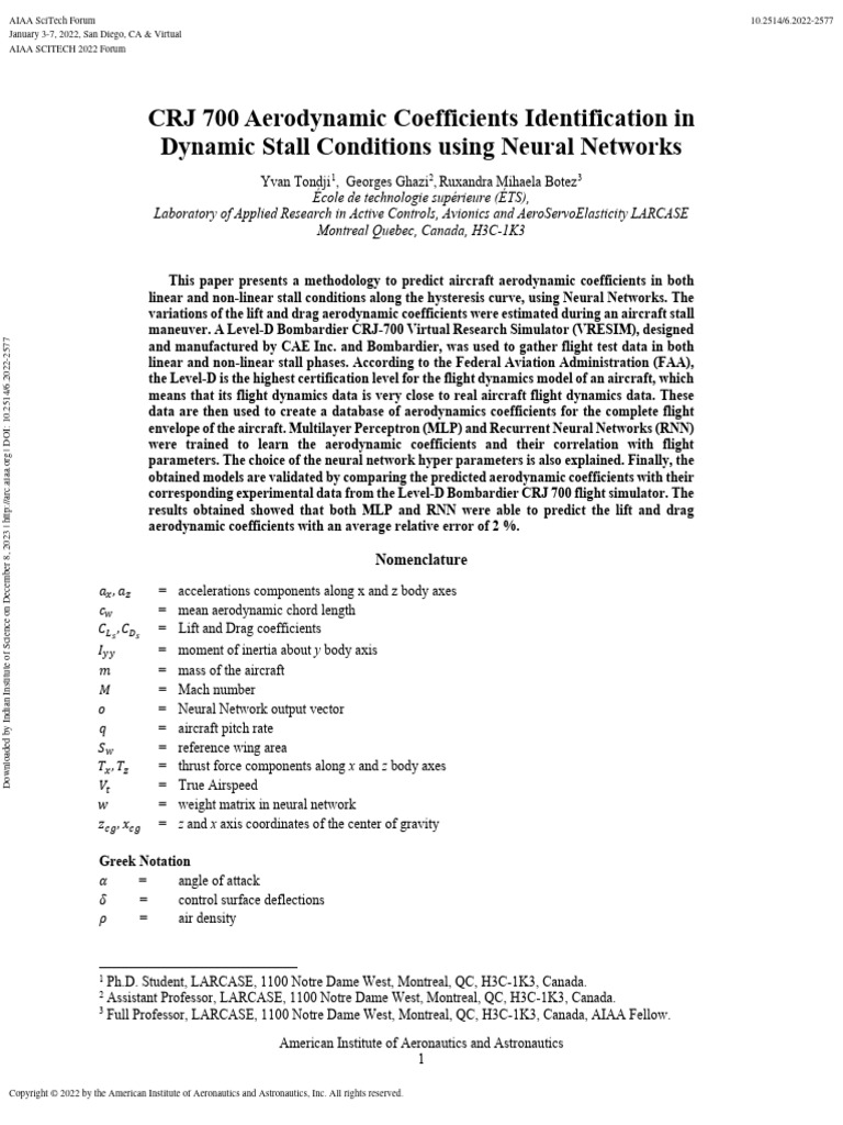 Aerodynamic Coefficients Identification in Dynamic Stall Conditions Using Neural Networks | PDF