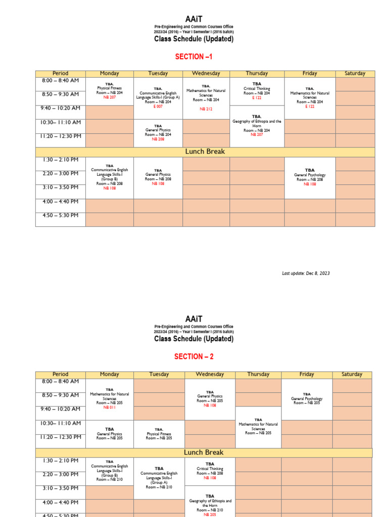 AAiT PECC 2016 Year I Sem I Sections 21 | PDF | Academic Term | Science