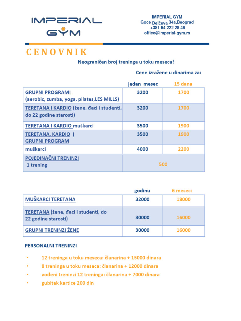 Imperial Gym Cenovnik | PDF