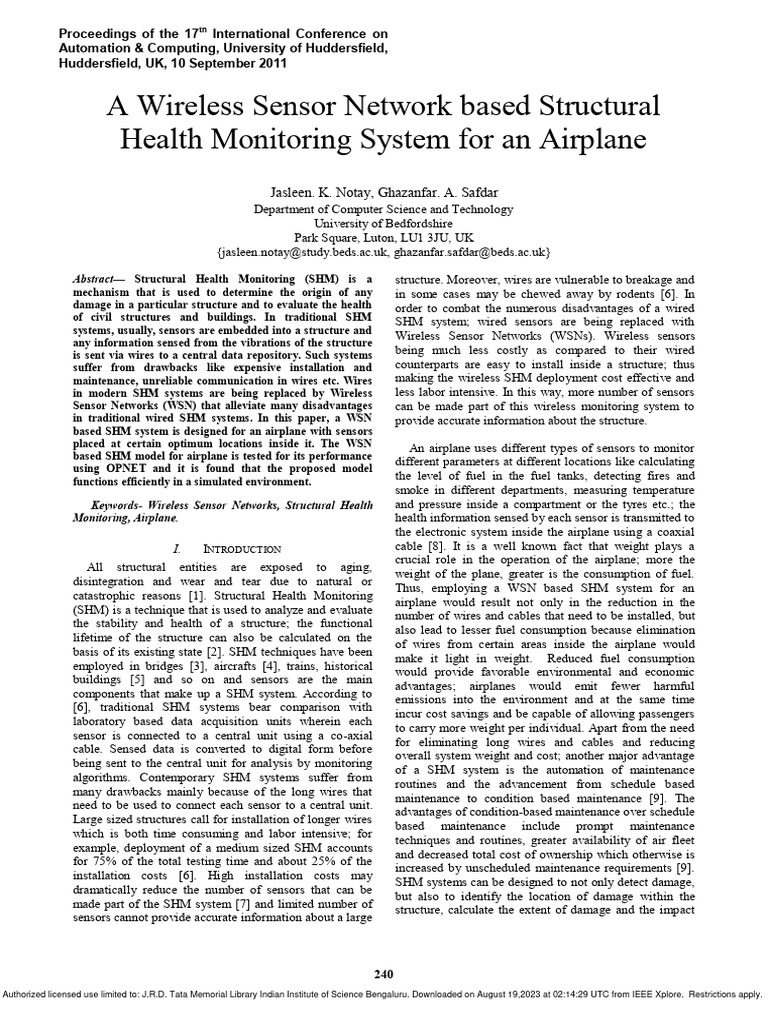 A Wireless Sensor Network Based Structural Health Monitoring System For An Airplane Pdf