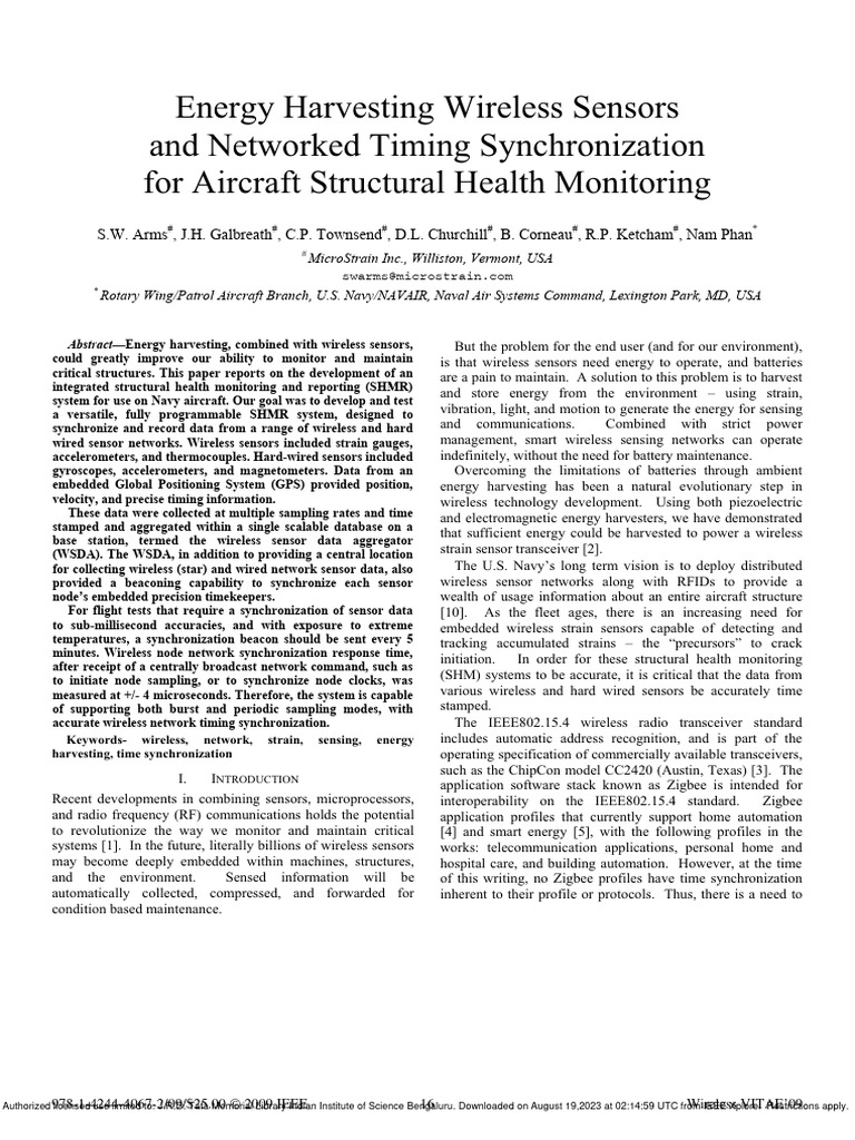 Energy Harvesting Wireless Sensors And Networked Timing Synchronization For Aircraft Structural