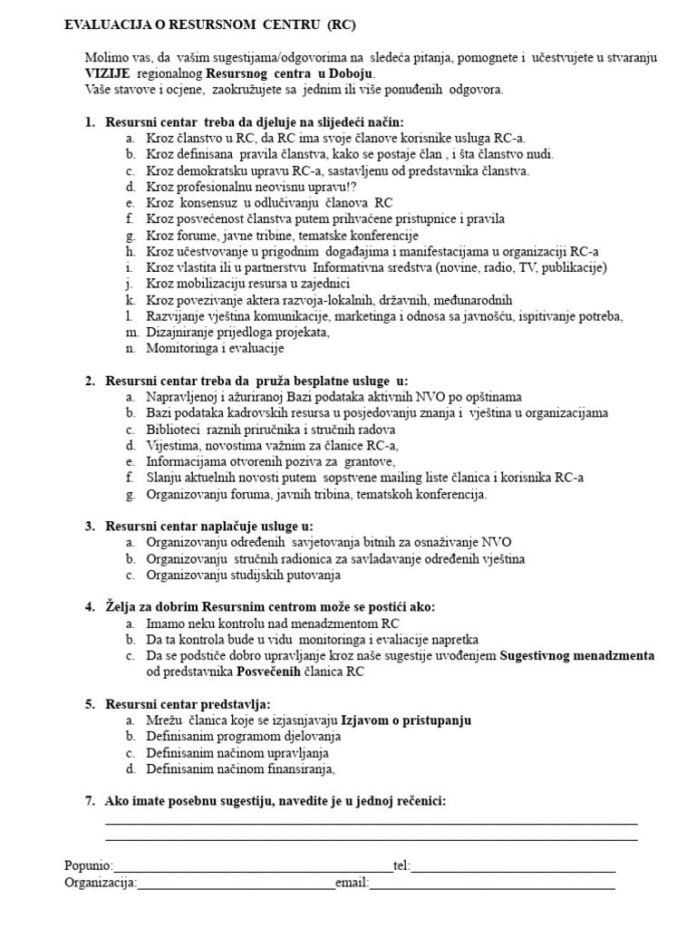 Evaluacioni Upitnik o RC | PDF