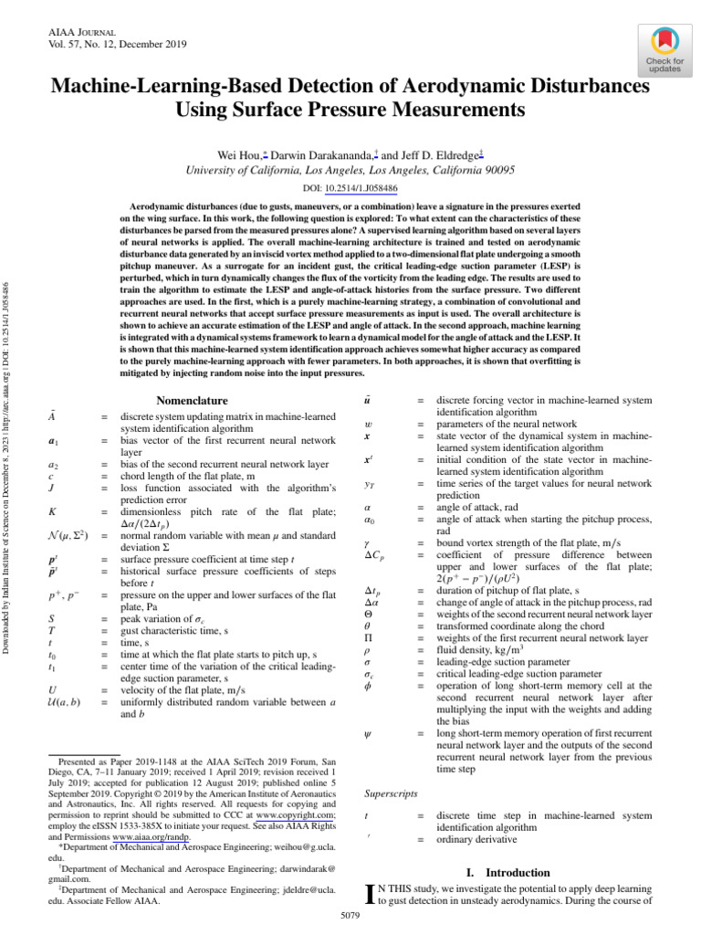 Hou Et Al 2019 Machine Learning Based Detection of Aerodynamic Disturbances Using Surface ...