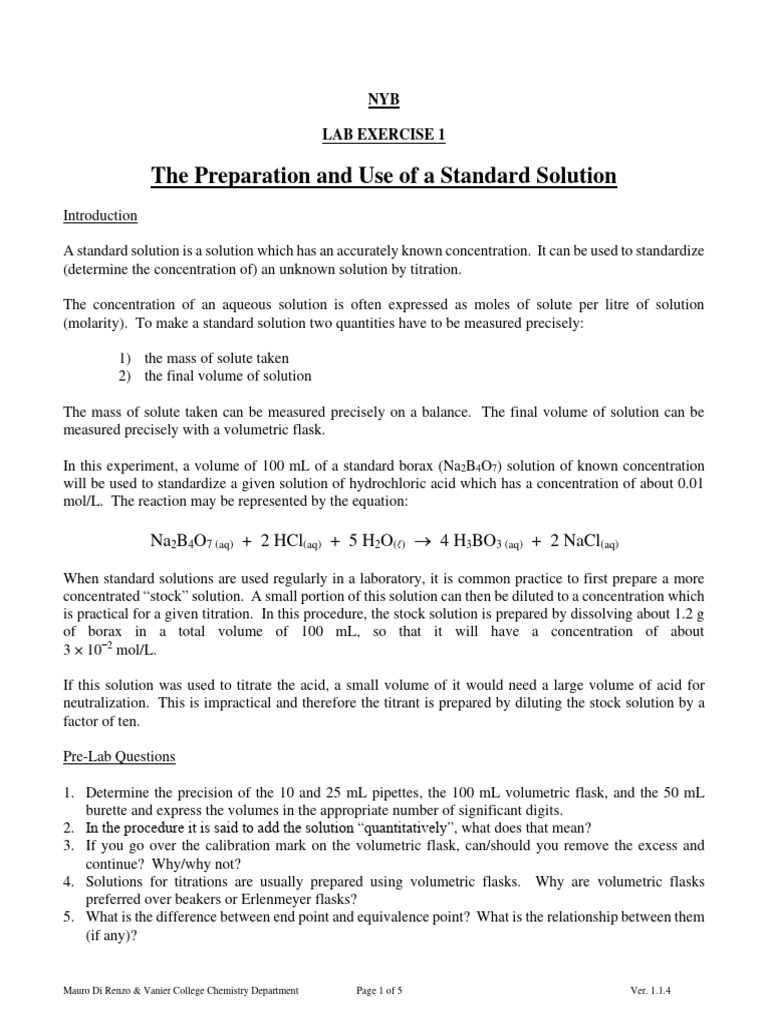 NYB-Exp01-Preparation and Use of A Standard Solution - V 1.1.4 | PDF ...
