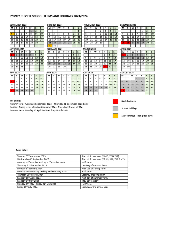 Sydney Russell School Term Dates 2023/24 | PDF | Academic Term | Academia